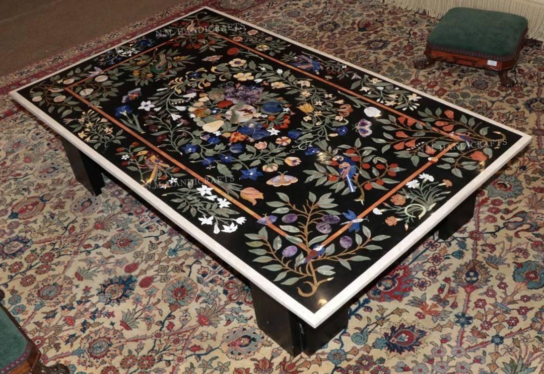 Black Marble Coffee Table Top, Marble Counter Top, Floral Inlay, Stone ...
