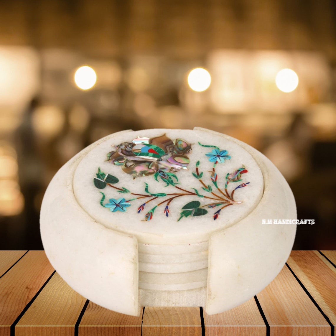 Floral White Marble Inlay Coaster, Gems Stone Inlaid, Table Coaster ...