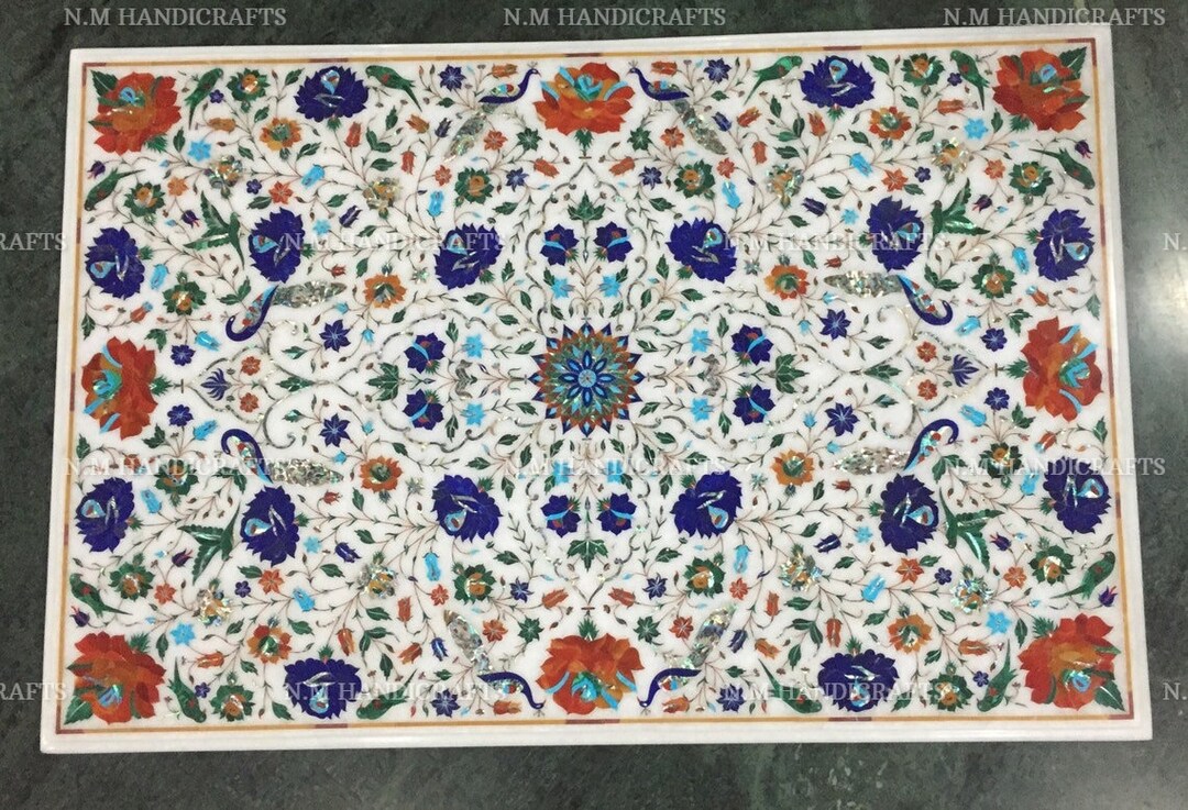 White Marble Inlay Coffee Table, Semi Precious Stones Inlay, Floral ...