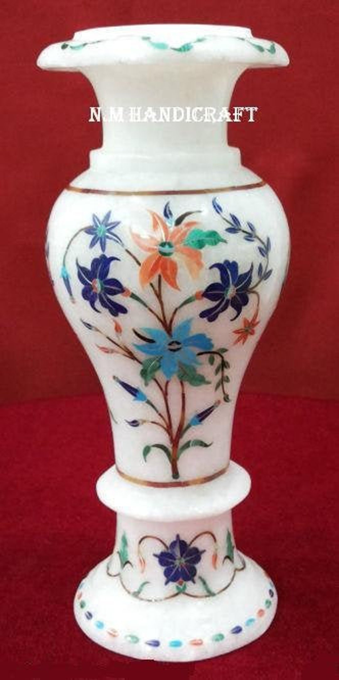 7 " Tall Marble Inlay Flower Vase, Semi Precious Stones Inlaid, Table ...