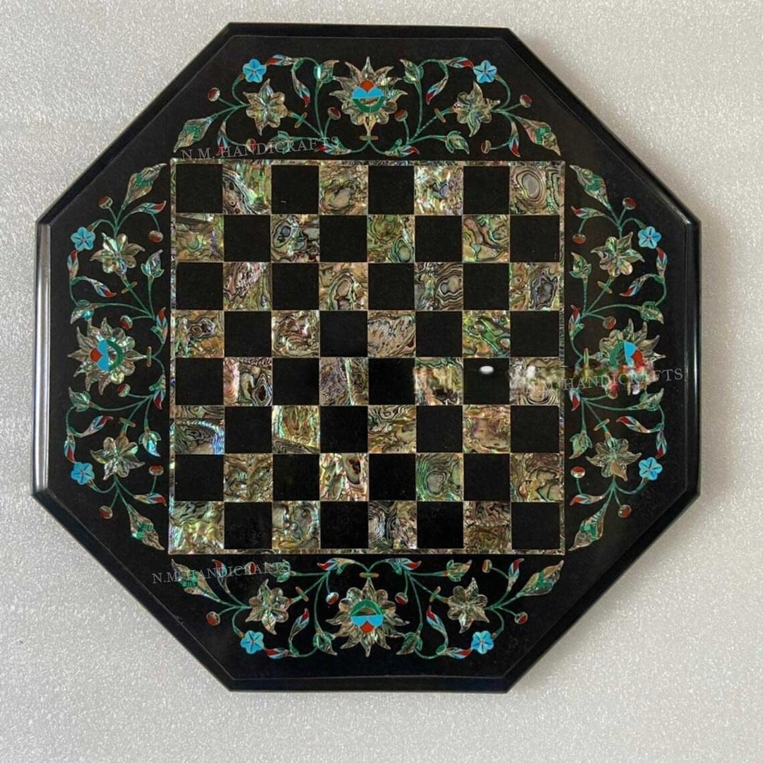 Marble Chess Set, Abalone Shell Inlay Chess Table, Pietra Dura, Stone ...