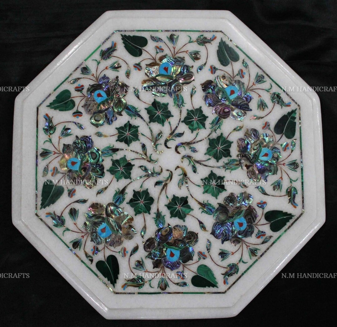 Marble Side Table, Abalone Shell Inlay, Floral Inlay, Pietre Dura Art ...