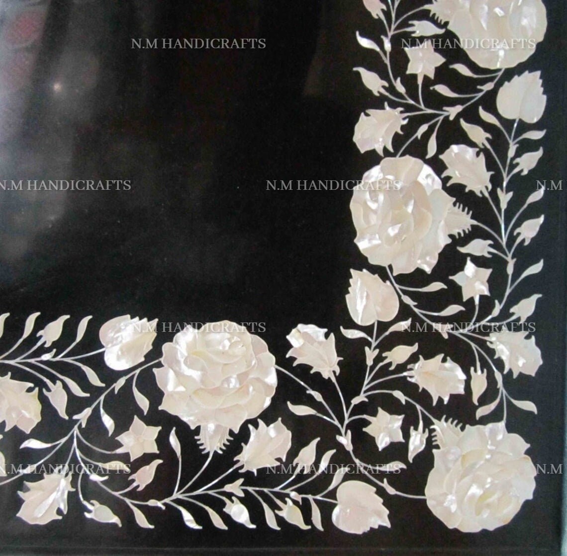 Black Marble Inlay Dining Table, Mother of Pearl Shell Inlay, Mop ...