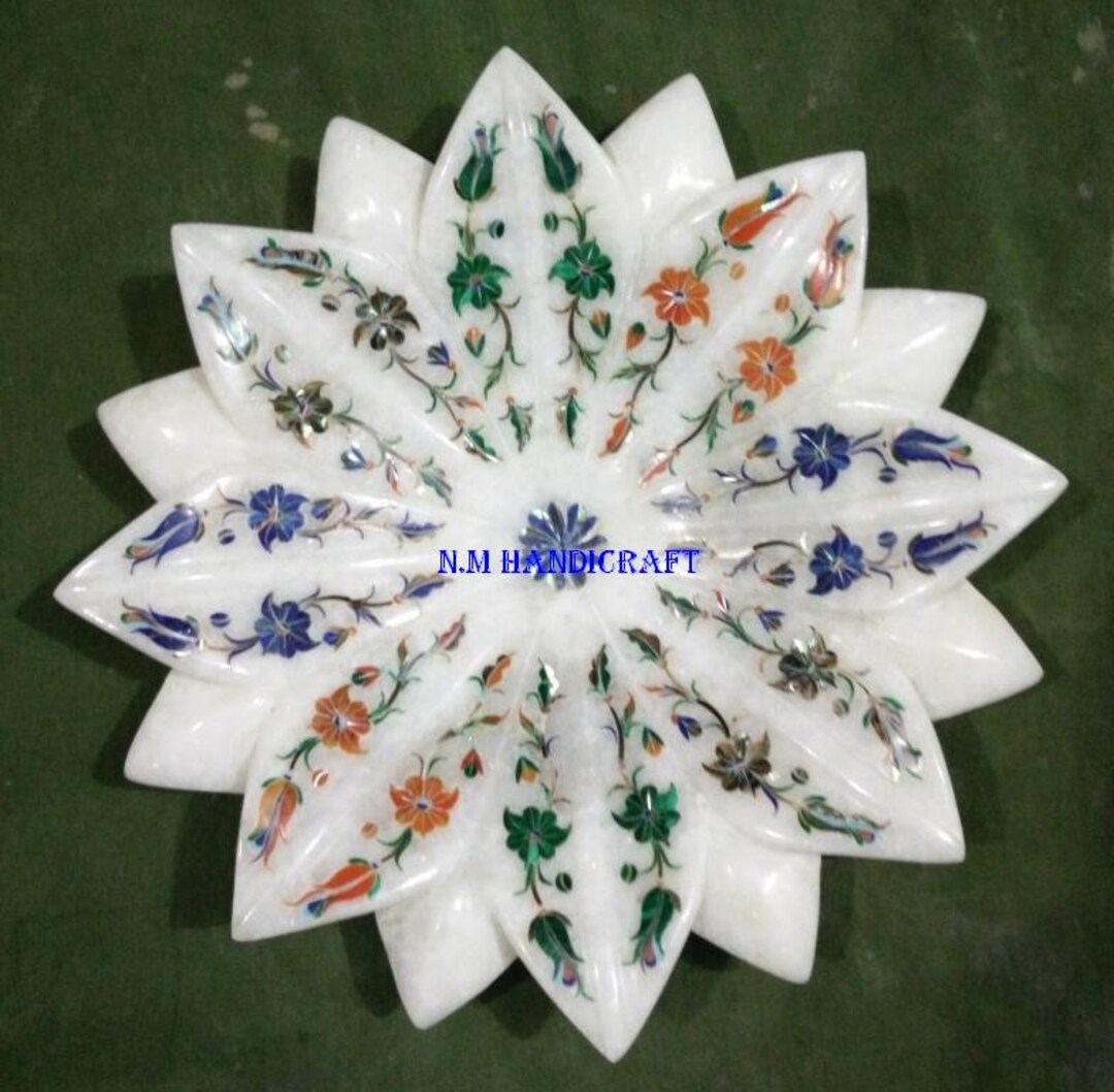 White Marble Flower Bowl, Inlaid Semi Precious Stones, Serving Bowl ...