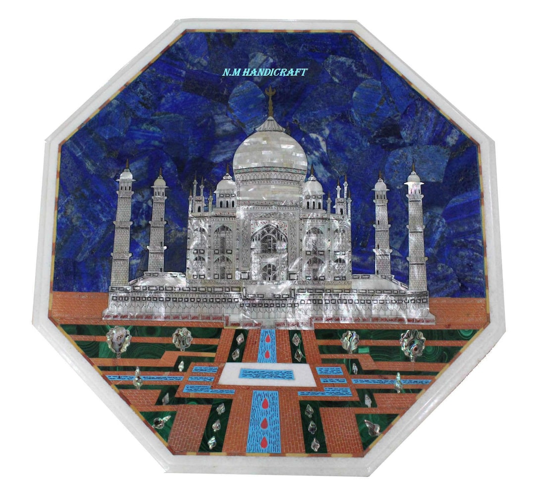 Marble Inlay Taj Mahal Design Table Top Pietra Dura Gem Stone, Mosaic ...