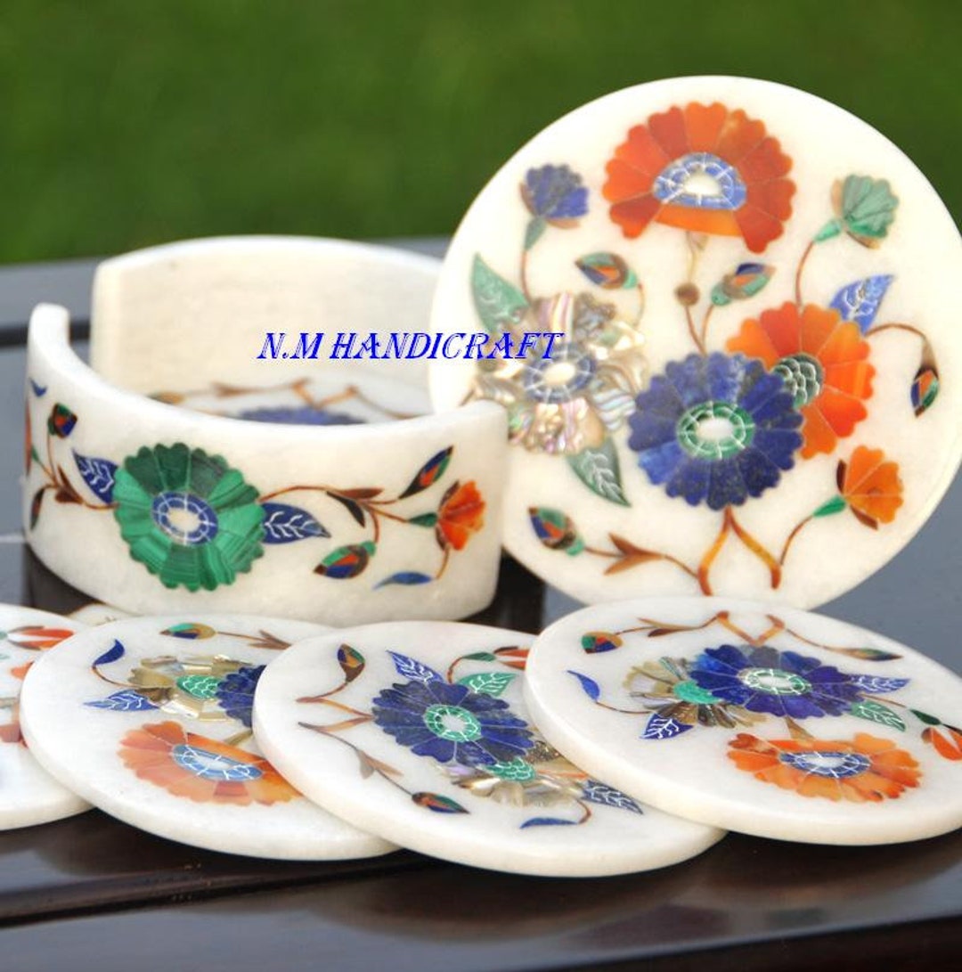 Decorative White Marble Inlay Coaster, Gem Stones Inlaid, Pietra Dura ...