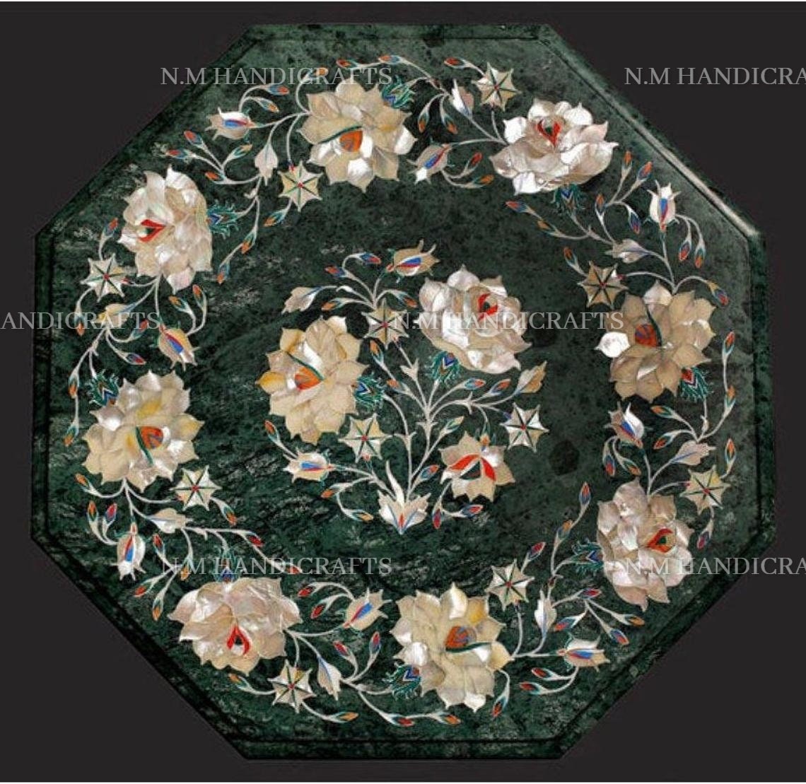 Green Marble Coffee Table Top, Round Table Top, Mother of Pearl Shell ...