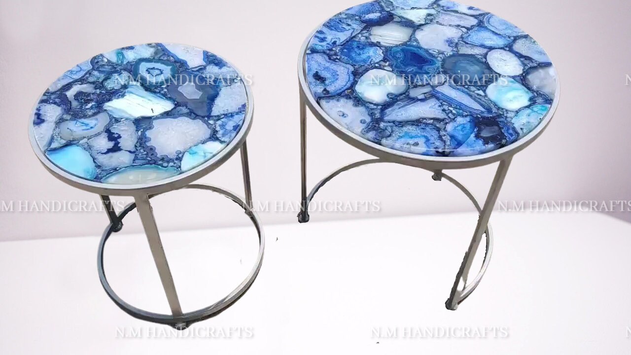 Blue Agate Nesting Coffee Table Top, Blue Stone Table, Agate Coffee ...