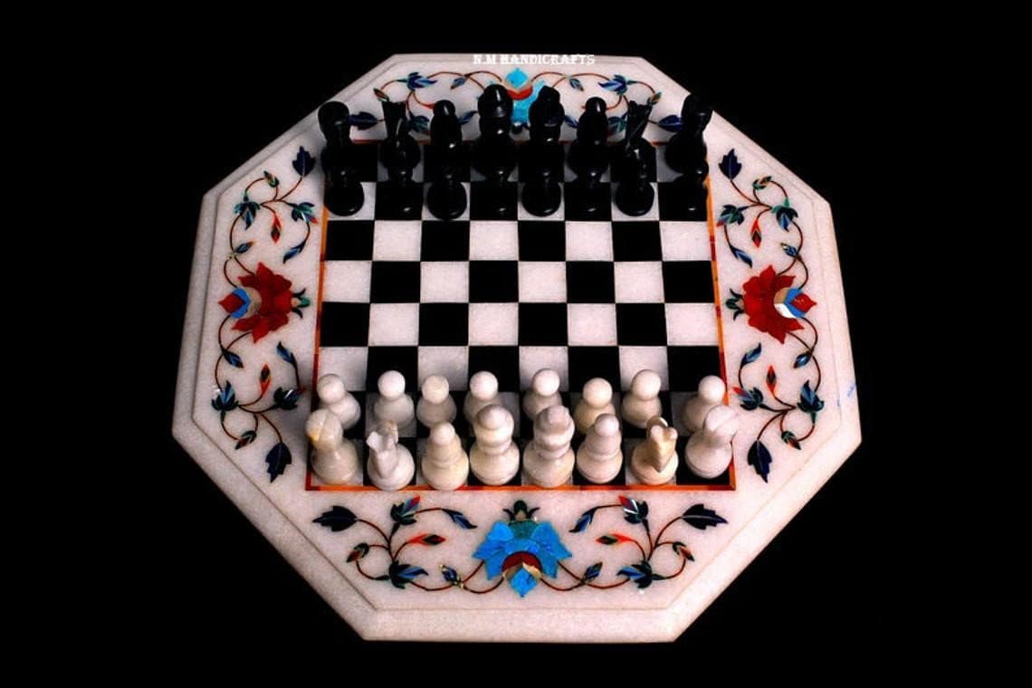 Buy White Marble Chess Set, Gems Stone Inlay, Pietra Dura, Vintage ...