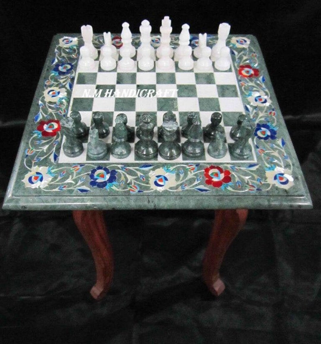Green Marble Chess Set, Gem Stones Inlaid, Game Board Table, Green ...