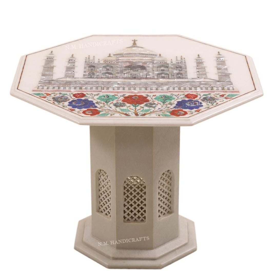 Marble Coffee Table Taj Mahal Design Mother of Pearl & Gemstone Inlay ...