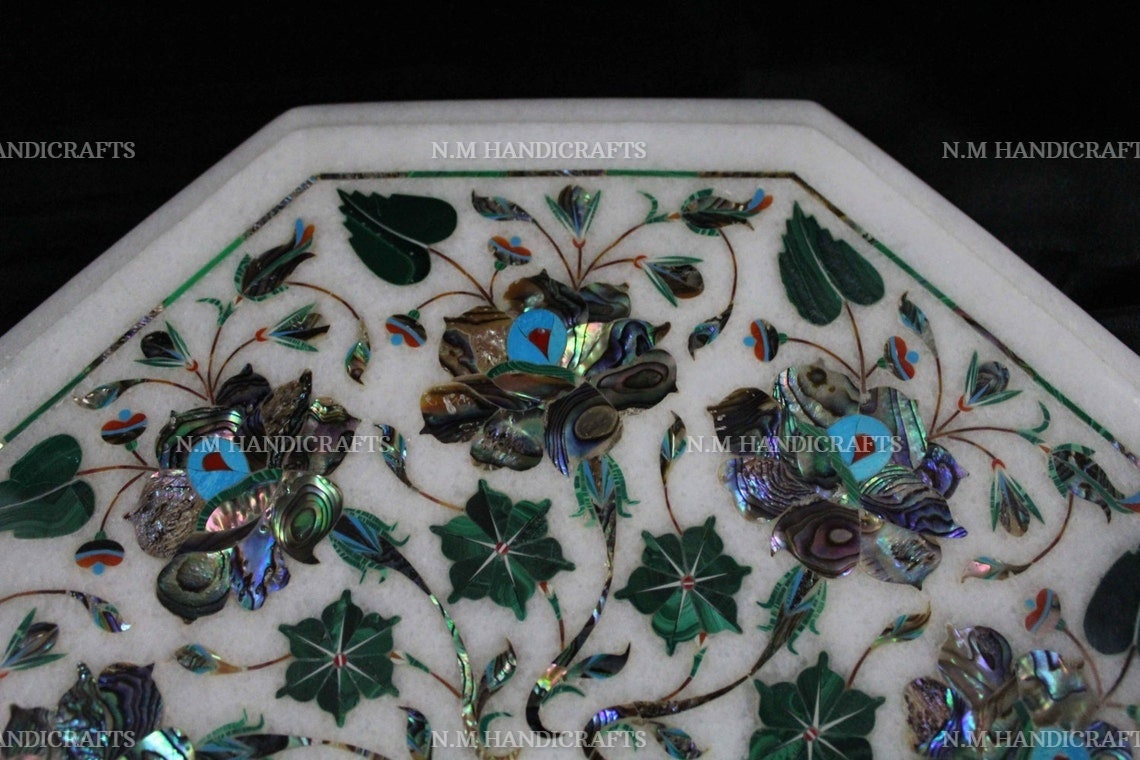 Marble Side Table, Abalone Shell Inlay, Floral Inlay, Pietre Dura Art ...
