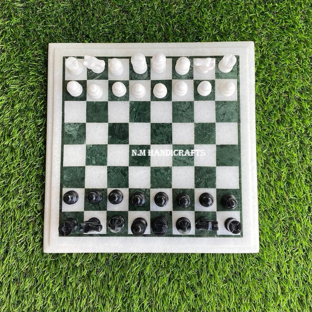 White Marble Chess Set, Green Chess Squares, Tournament Chess Board ...
