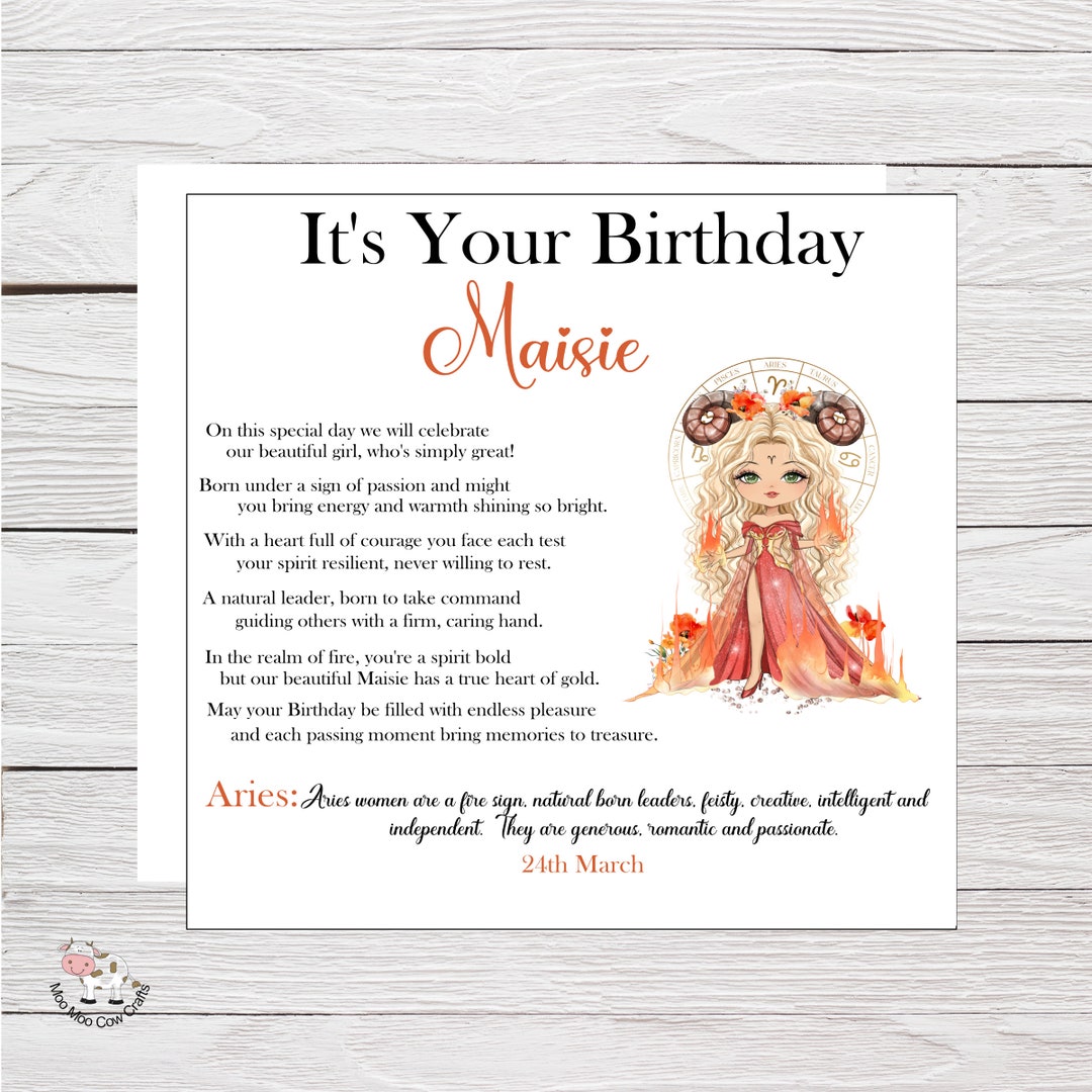 Personalised Aries Birthday Card: Daughter, Granddaughter, Wife With ...
