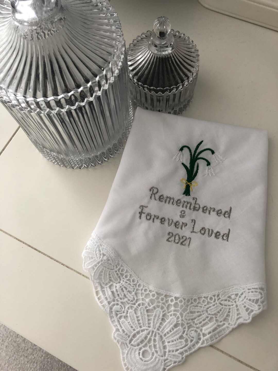 Snowdrop Sympathy Card & Embroidered Lace Handkerchief: Bereavement ...