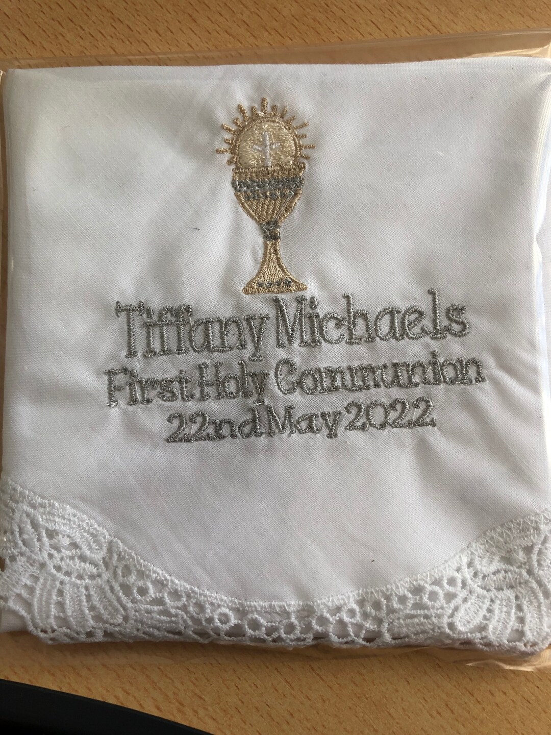Personalized First Holy Communion Card: Embroidered Lace Handkerchief ...