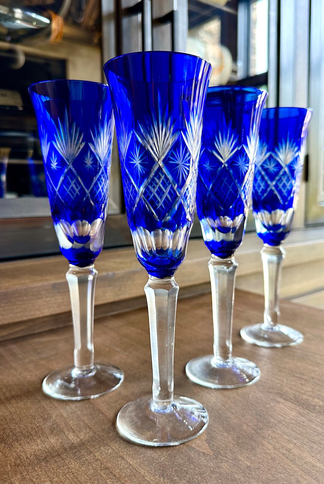 Vintage Blue Glasses Bohemian Style Cobalt Blue Cut To Clear Champagne 1203