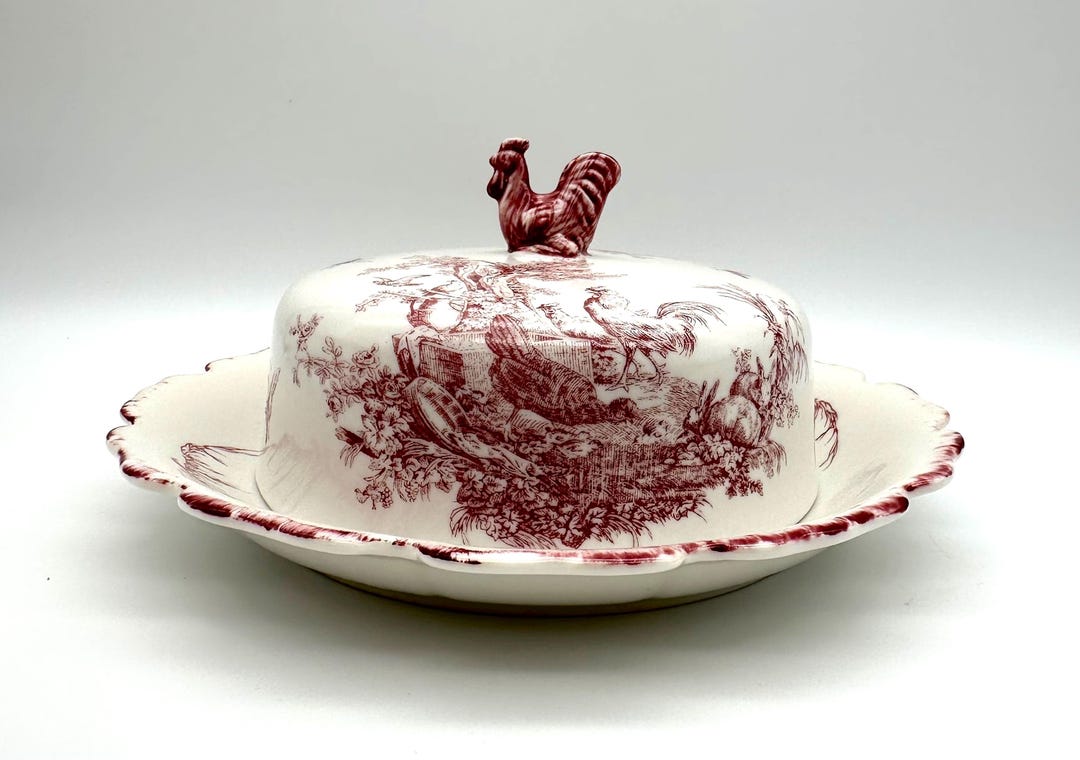 Aux Au Provence Red Toile Covered Butter Dish With Rooster Handled Dome ...