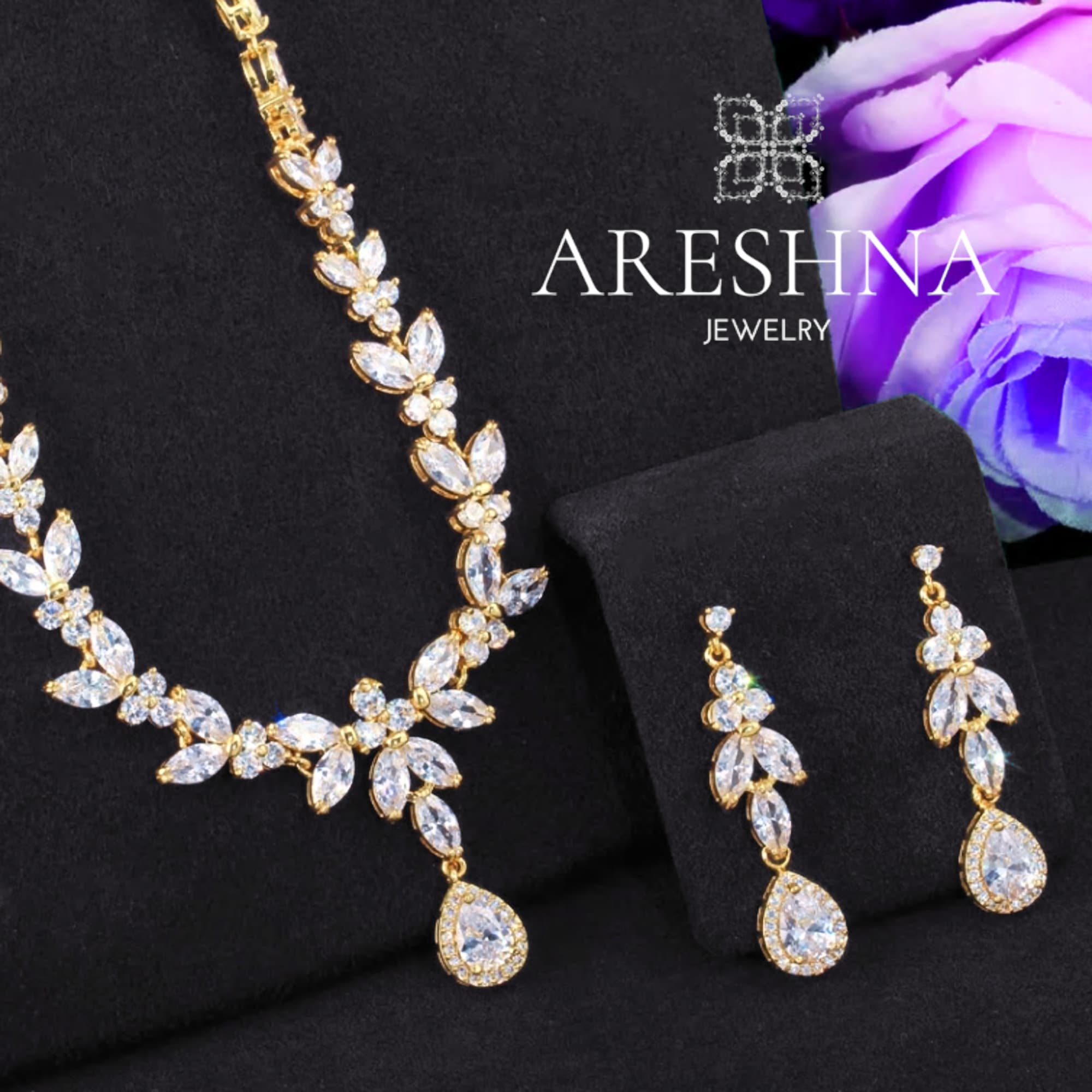 18K Gold Bridal Jewelry Set Necklace and Earrings Wedding Necklace ...