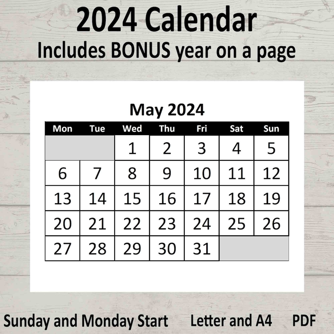 2024 Printable Calendar, Monthly Planner Landscape, Large Numbers ...
