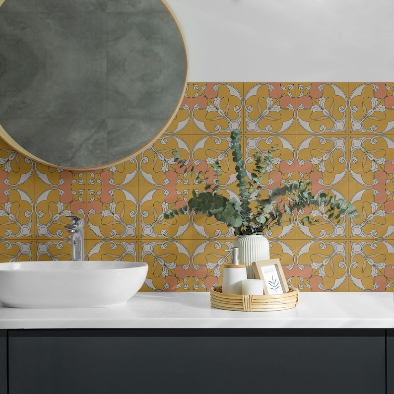 Floral Pattern in Symmetry Tile Stickers, Yellow Self Adhesive Tiles ...