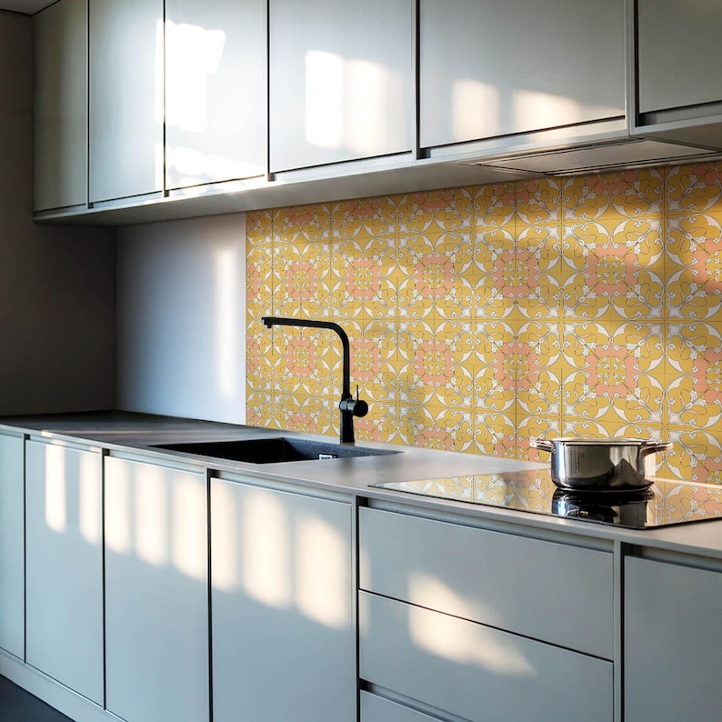 Floral Pattern in Symmetry Tile Stickers, Yellow Self Adhesive Tiles ...