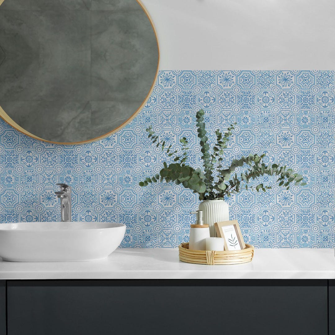 Checkered Ceramic Patterns PVC Wall Tiles, Blue Tile Stickers, Self ...