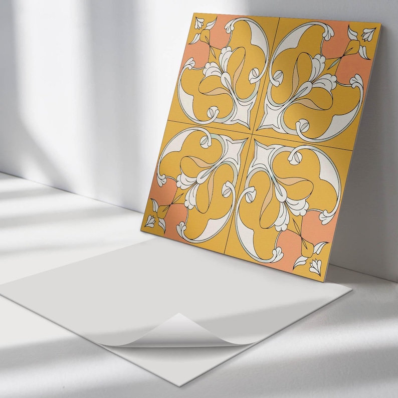 Floral Pattern in Symmetry Tile Stickers, Yellow Self Adhesive Tiles ...