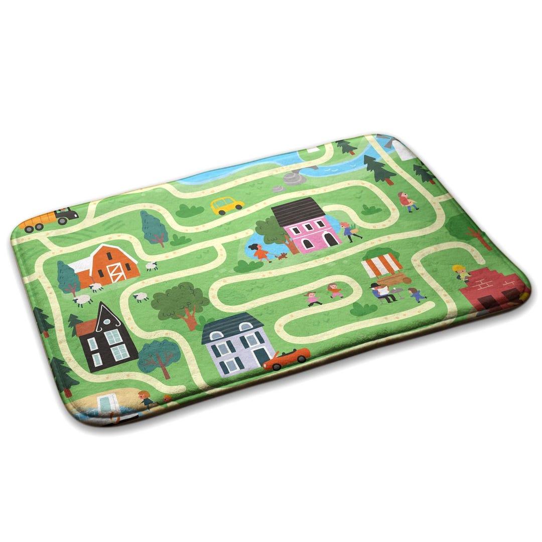 Road City Map Soft Kids Rug, Green Kids Decorations, Children's Room ...