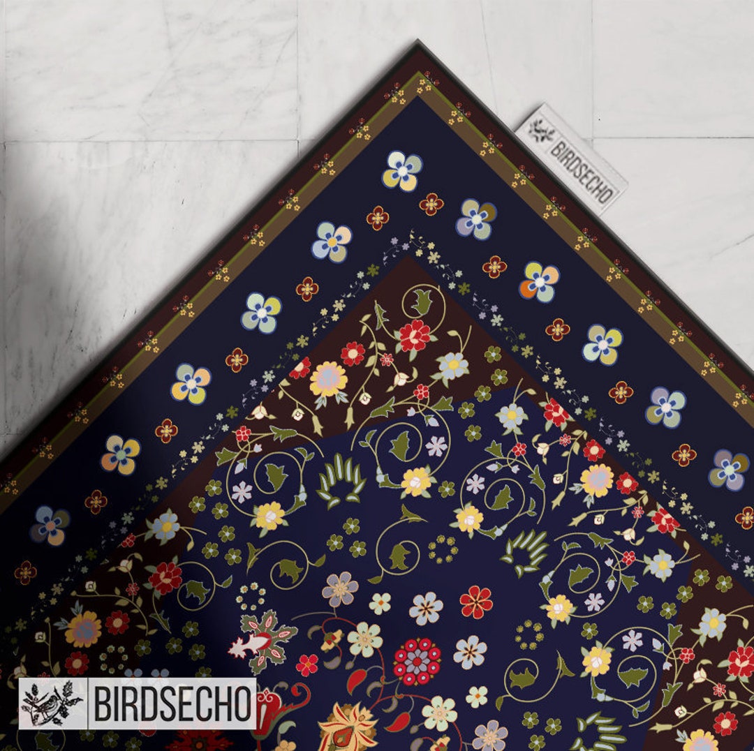 Charlotte Vinyl Mat, Floral Carpet Design Dark Blue Rug Traditional ...