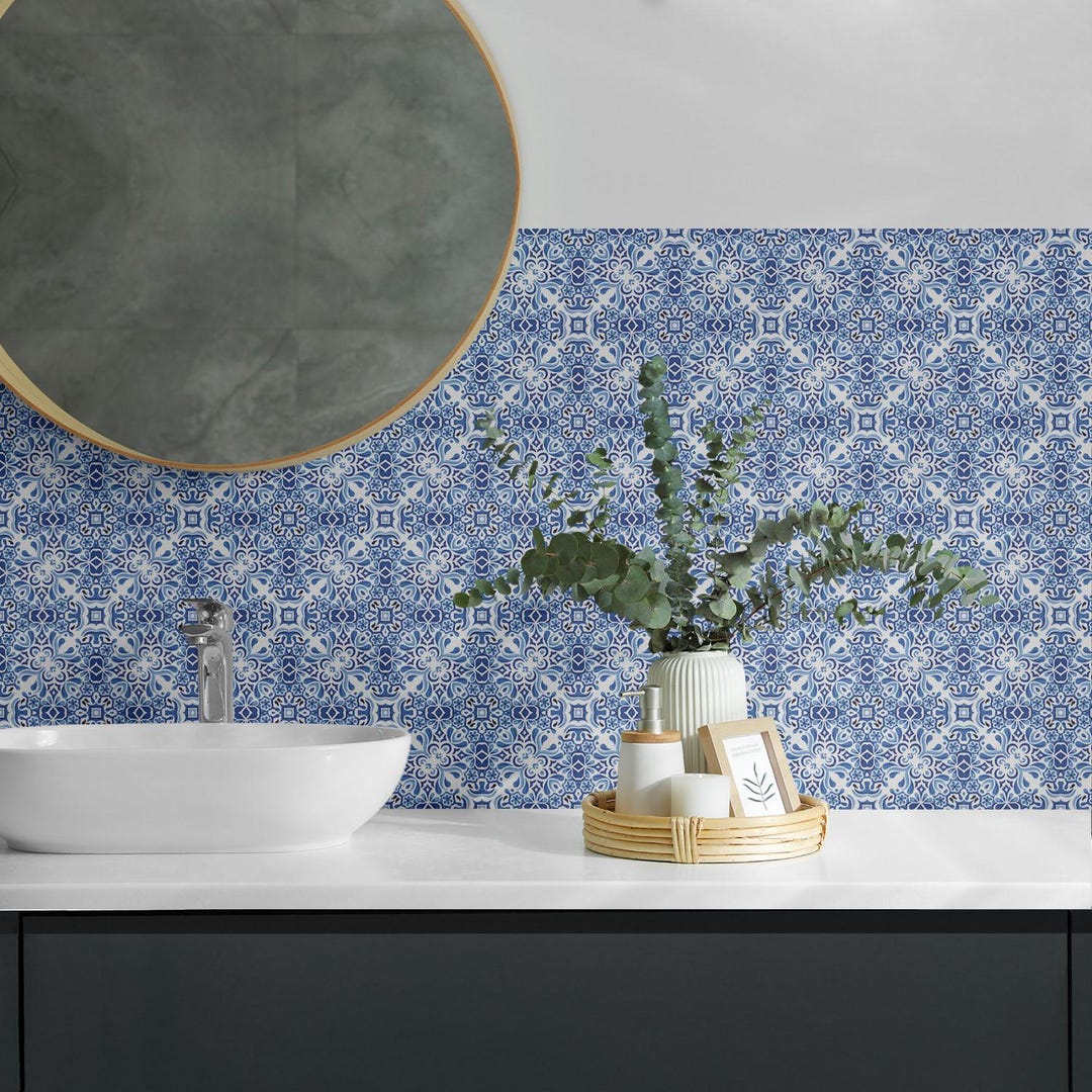 Classic Floral Pattern PVC Wall Tiles, Blue Tile Stickers, Self ...