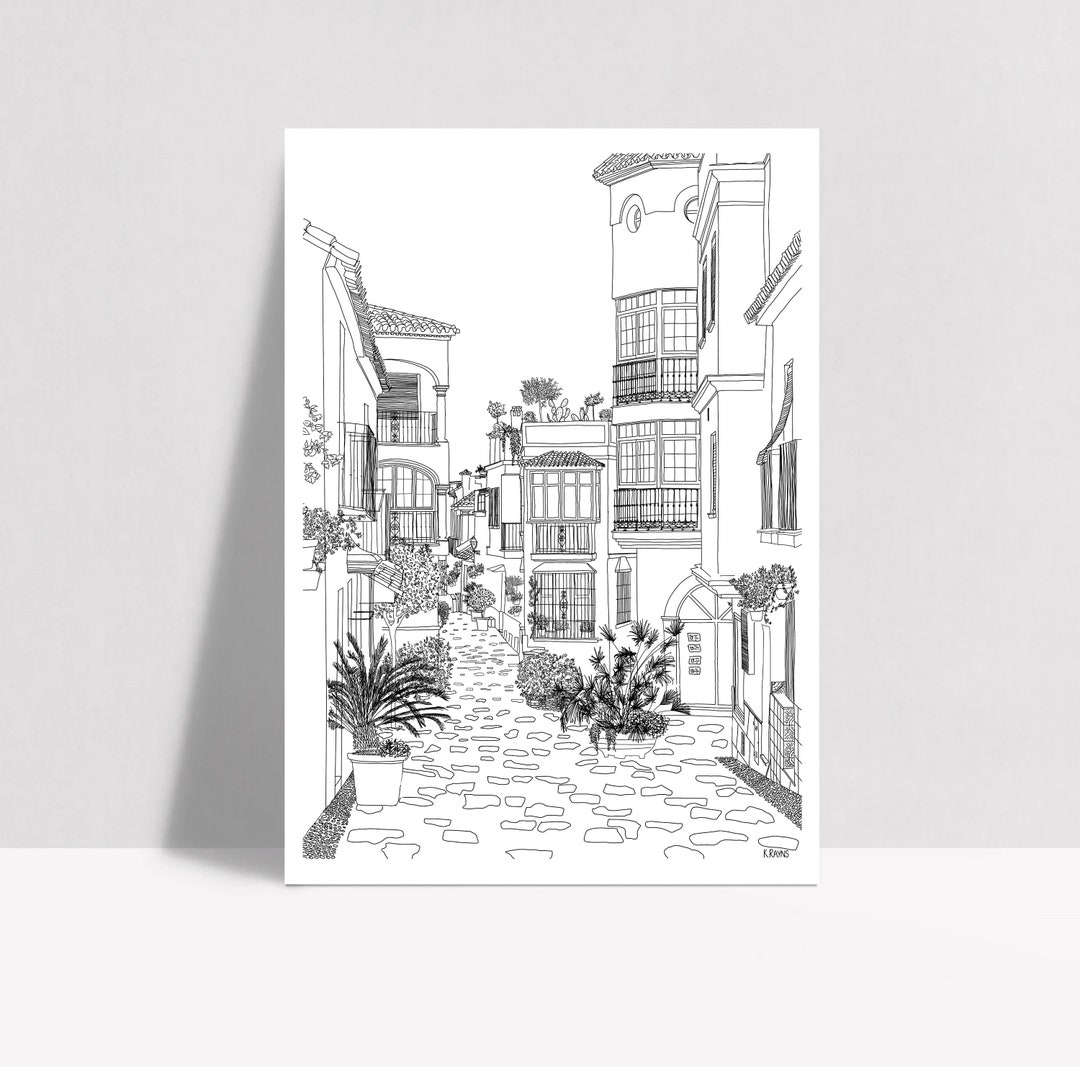 Town Illustration | Printable Art | Estepona Drawing | Minimalist Art ...