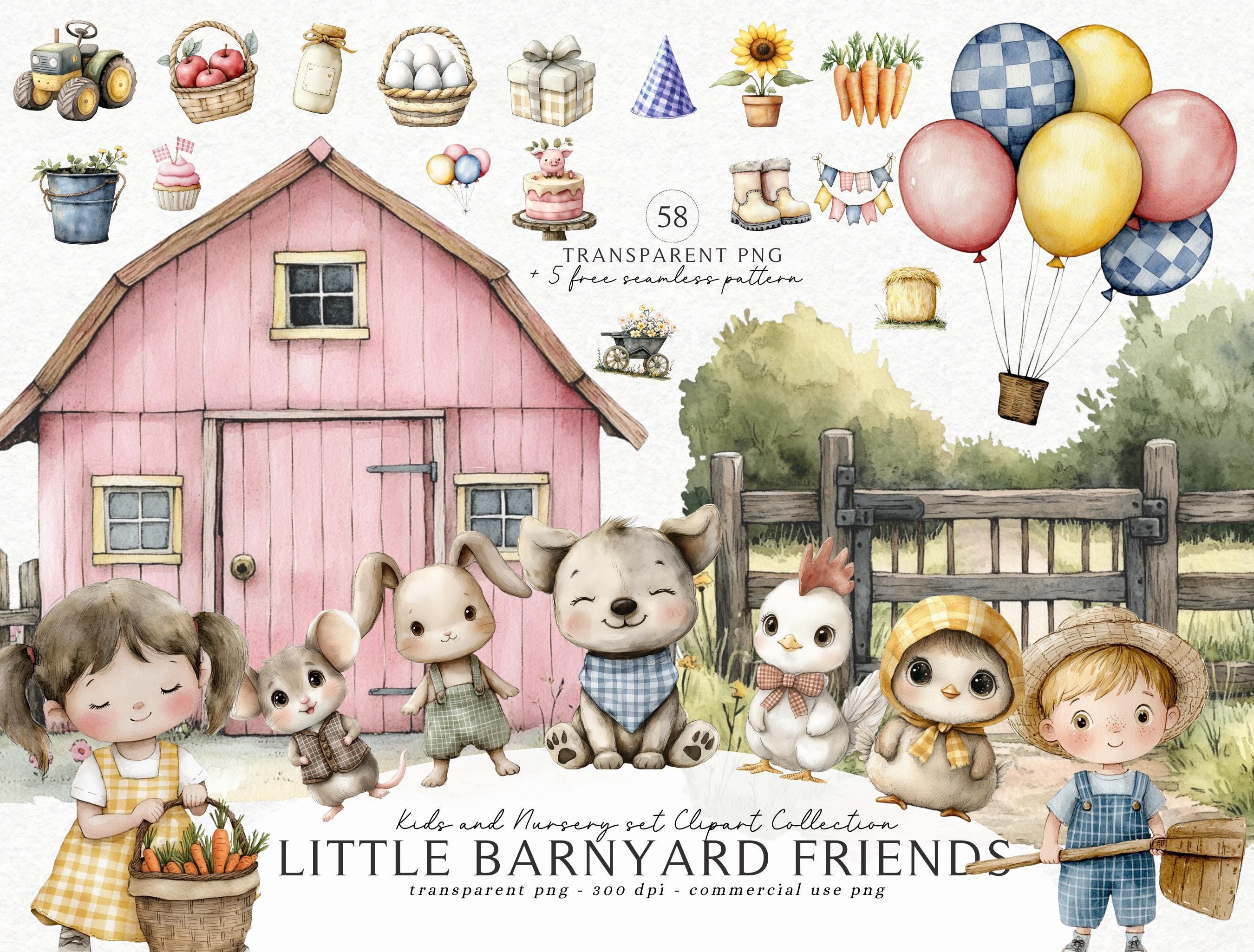 Watercolor Farm Animal Clipart Bundle: Nursery Decor PNG (commercial ...
