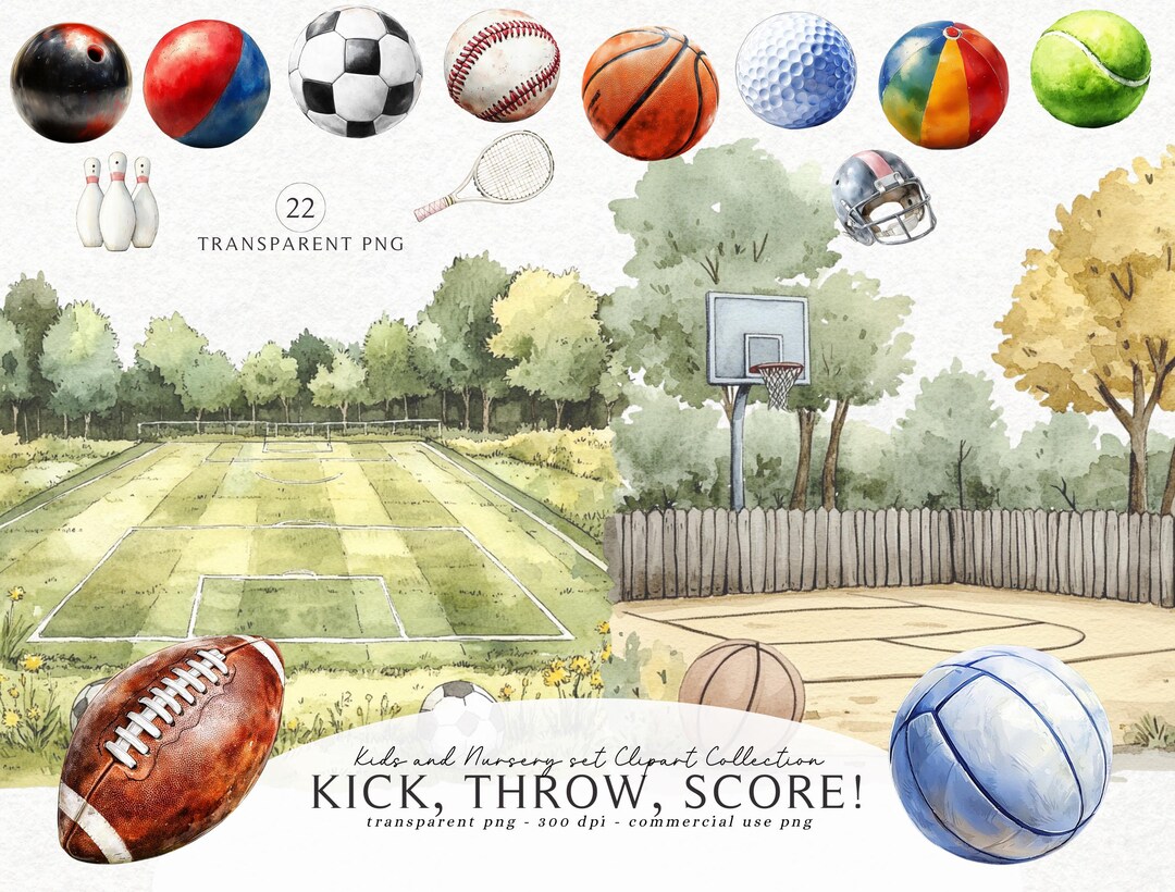 Sports Ball Clipart Bundle: Watercolor Style PNG (commercial Use) - Etsy