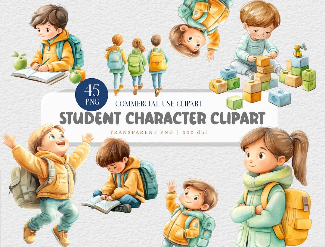 Student Clipart Bundle – Kids Reading, Painting, Writing, Classroom ...