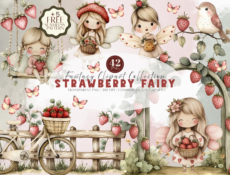 Watercolor Strawberry Fairy Clipart Bundle: Nursery Art PNG (digital ...