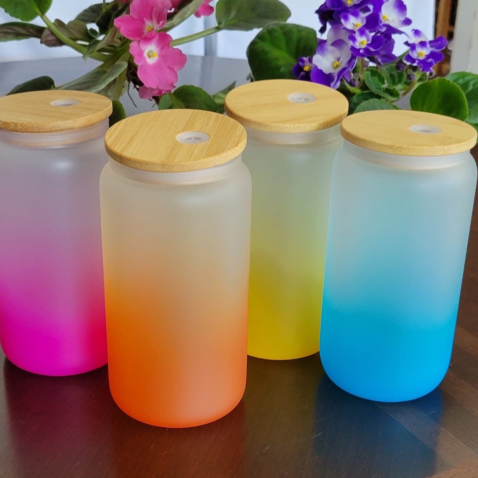 Ombre Color Frosted Sublimation Glass Can 16 Oz, Includes Bamboo Lid ...