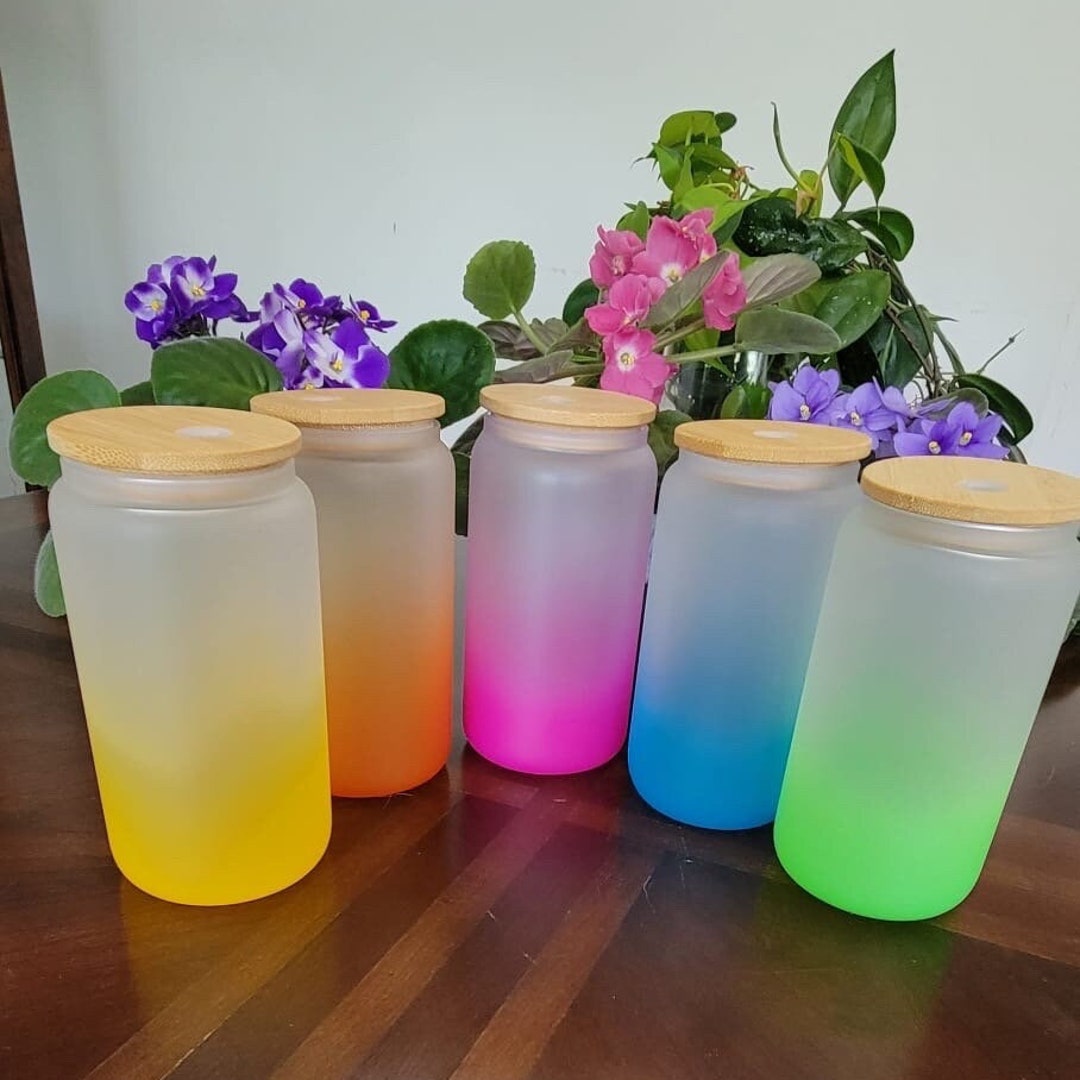 Ombre Color Frosted Sublimation Glass Can 16 Oz, Includes Bamboo Lid ...