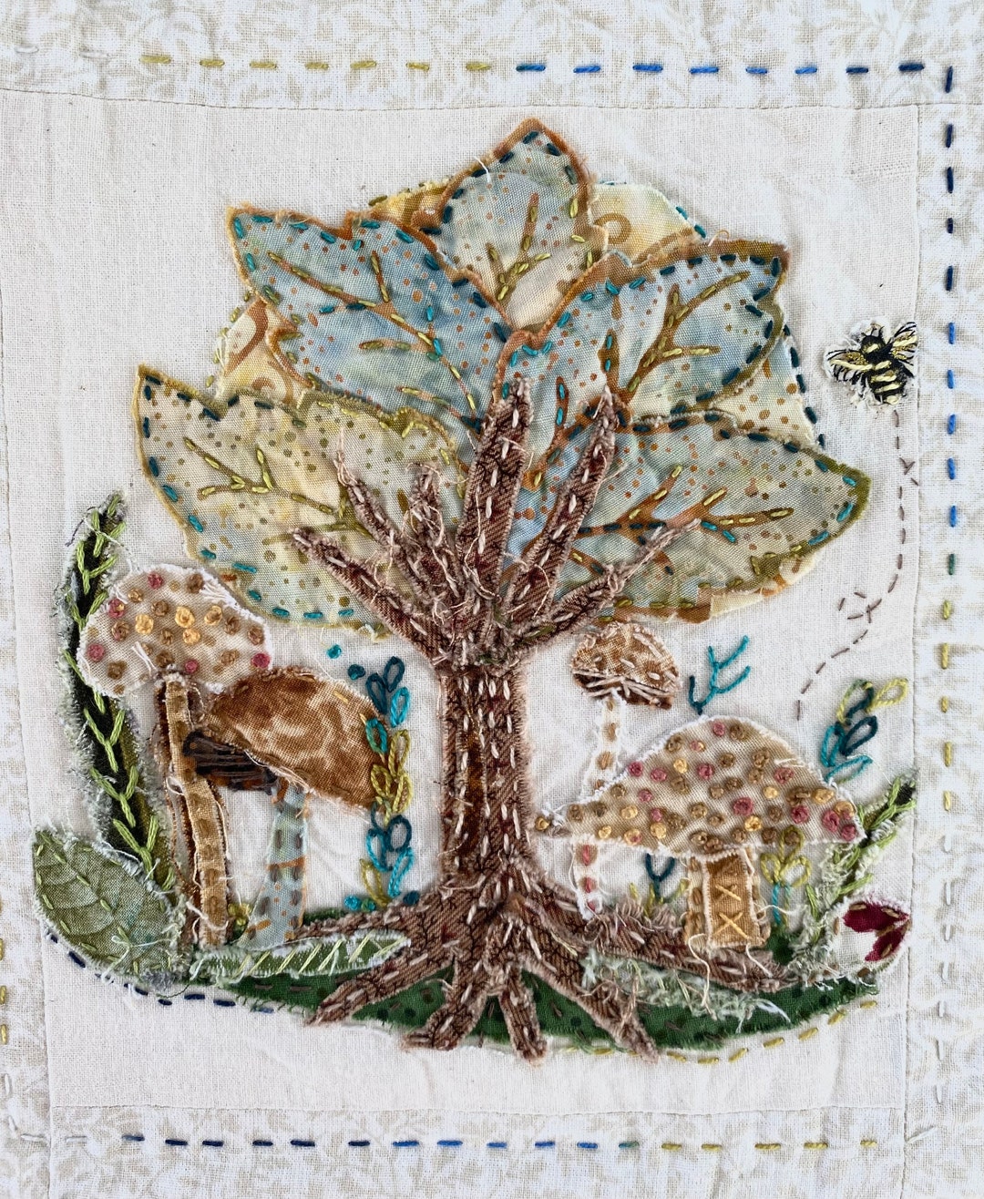 Leaf Tree With Mushrooms. Panel 8. Raw Edge Slow Stitching Digital ...