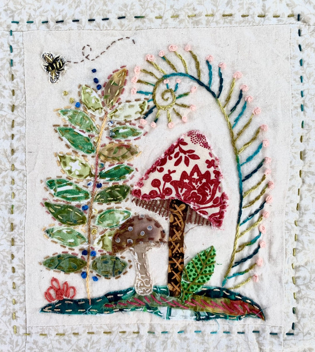 Mushrooms and Ferns. Panel 7. Raw Edge Slow Stitching Digital Pattern ...
