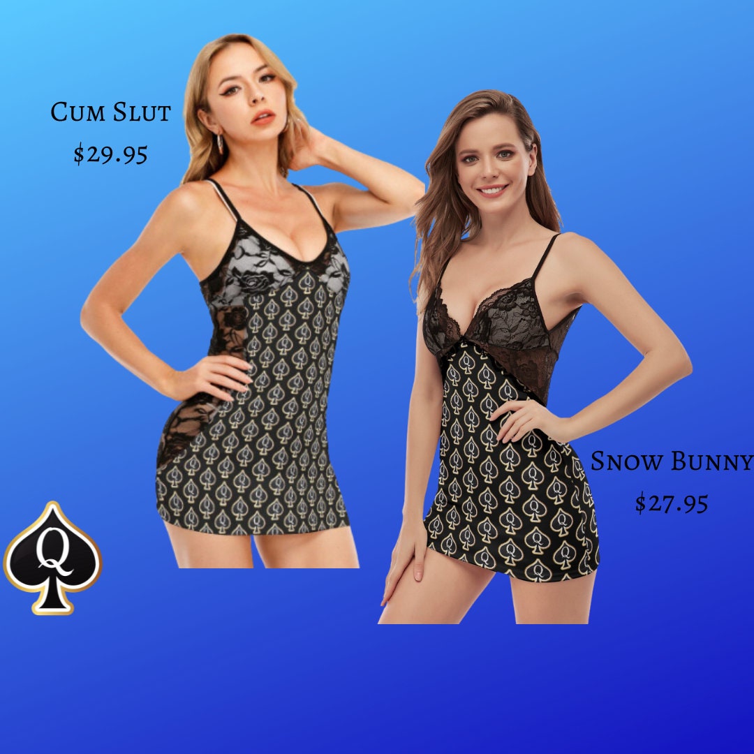 Cum Slut and Snow Bunny Lingerie, QOS Women's Black Lace Cami Dress, Sexy Black Lingerie, Queen ...