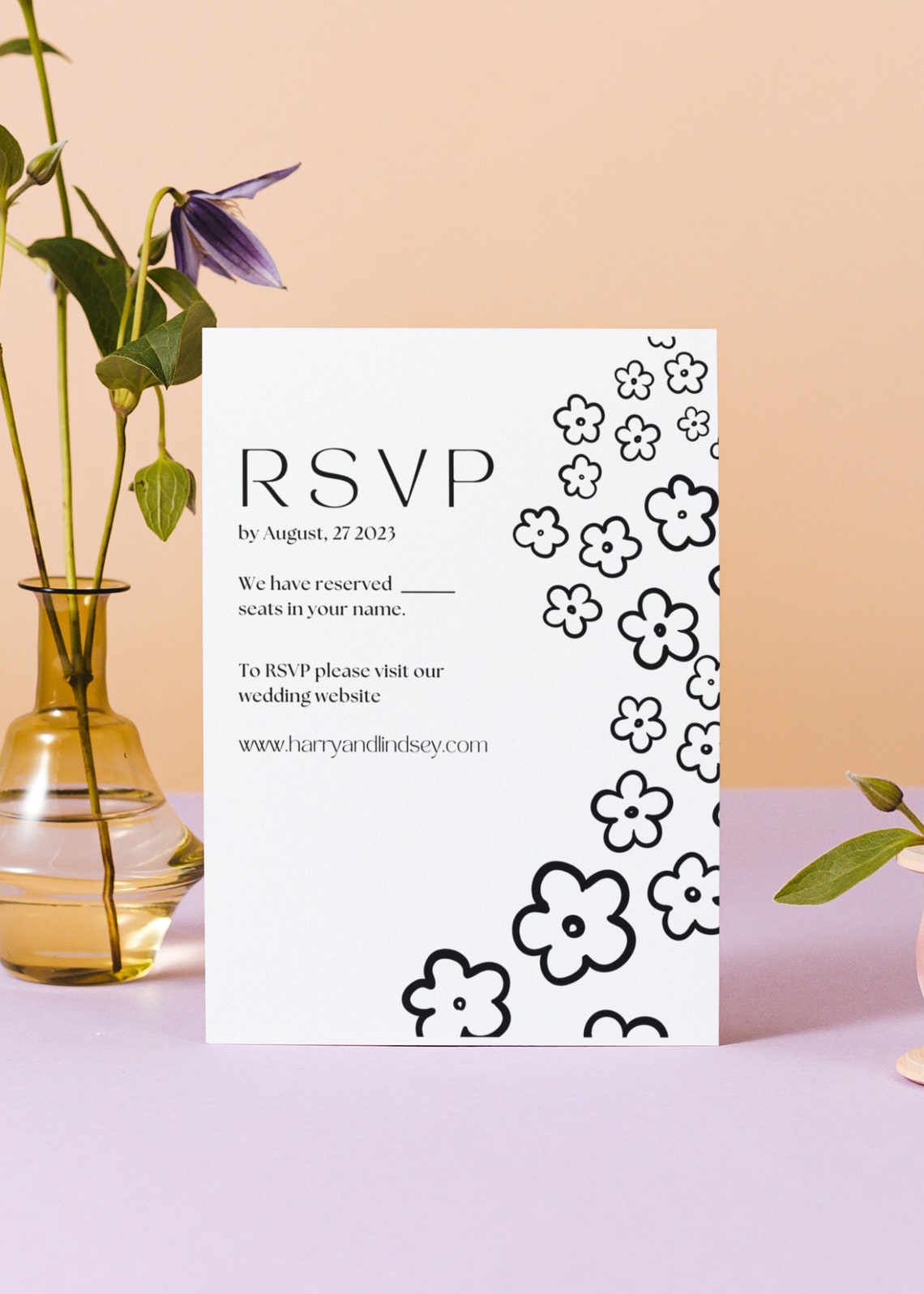 Modern Wedding RSVP Card | Floral Details, Customizable Text - Etsy