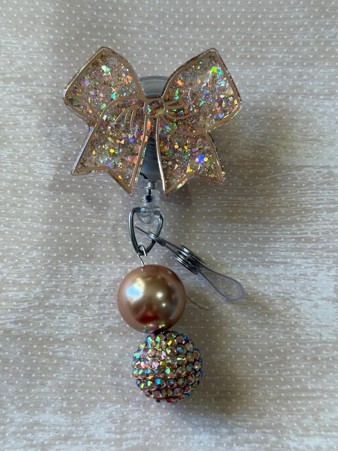 Bow Badge Reel Swivel Clip Gold With Beads - Etsy