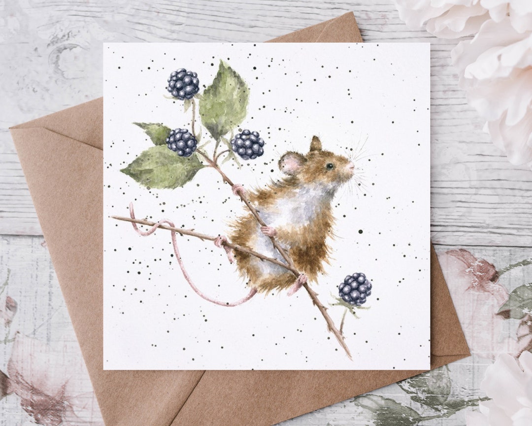 Wrendale Mouse Blank Card brambles Little Mouse Hanging Onto Blackberry ...