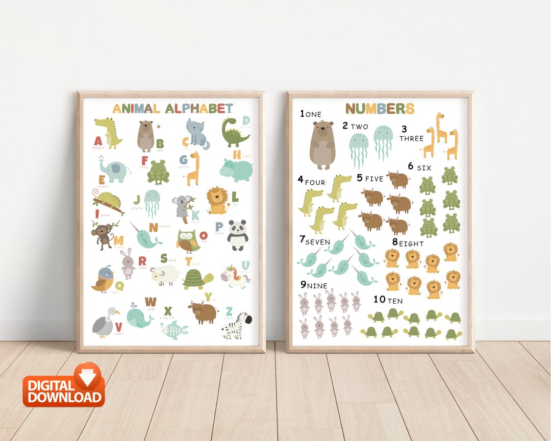 Animal Alphabet & Number Chart, Kids Educational Prints, Digital ...