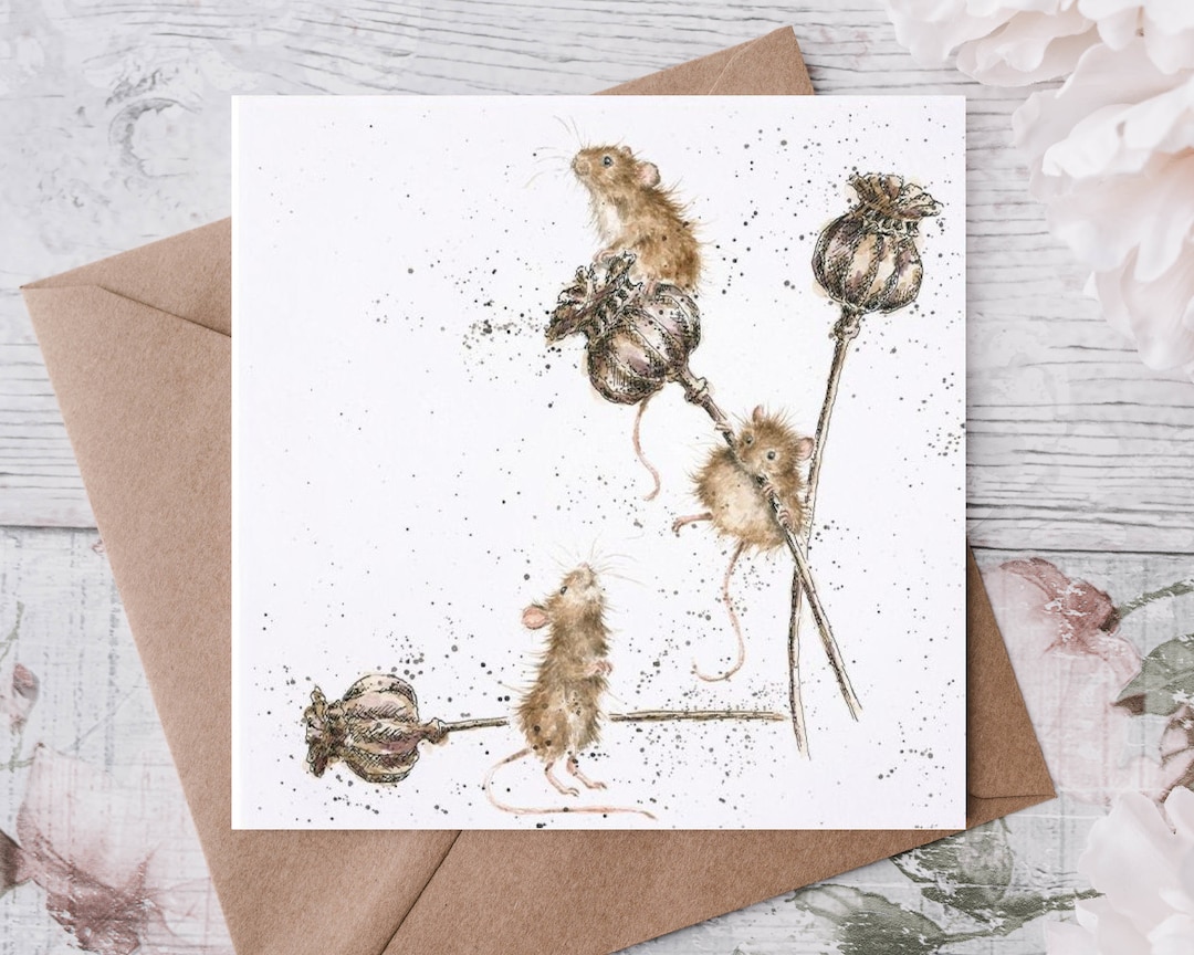 Wrendale Mouse Blank Card country Mice Sweet Little Mice on Poppy Heads ...