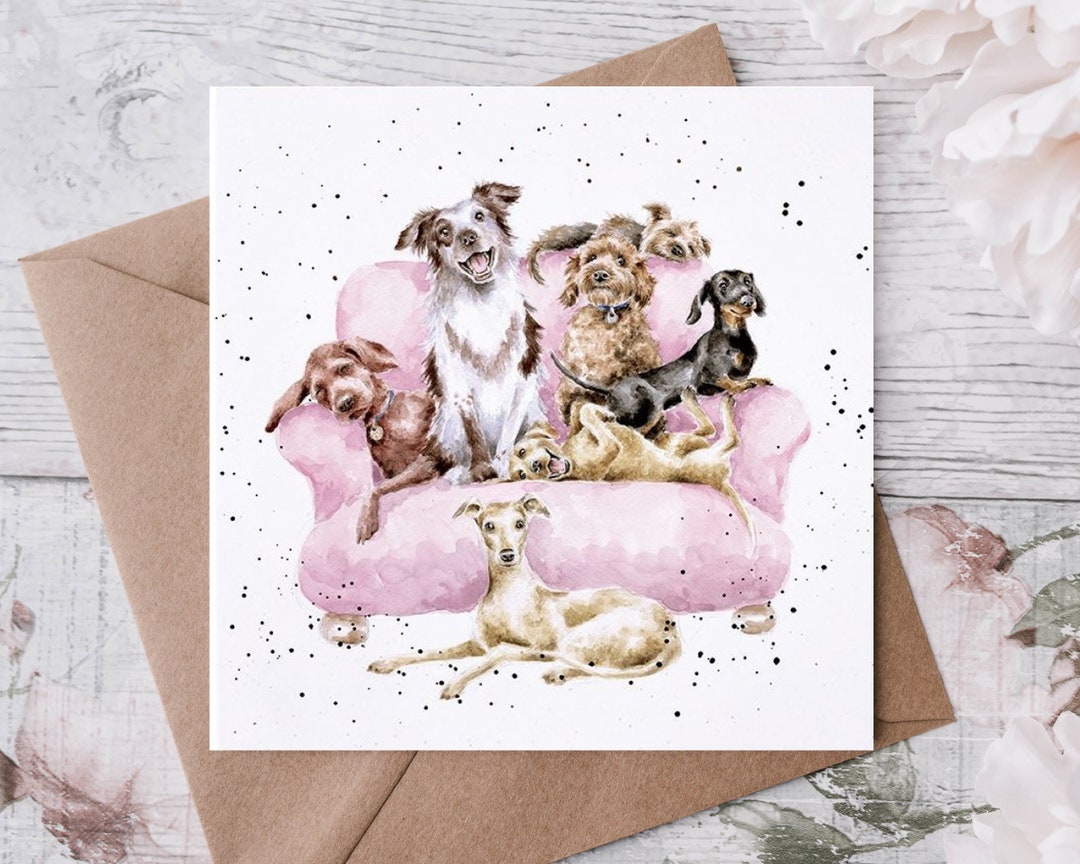 Wrendale Dog Blank Card movie Night a Arm Chair Full of Dogs and ...