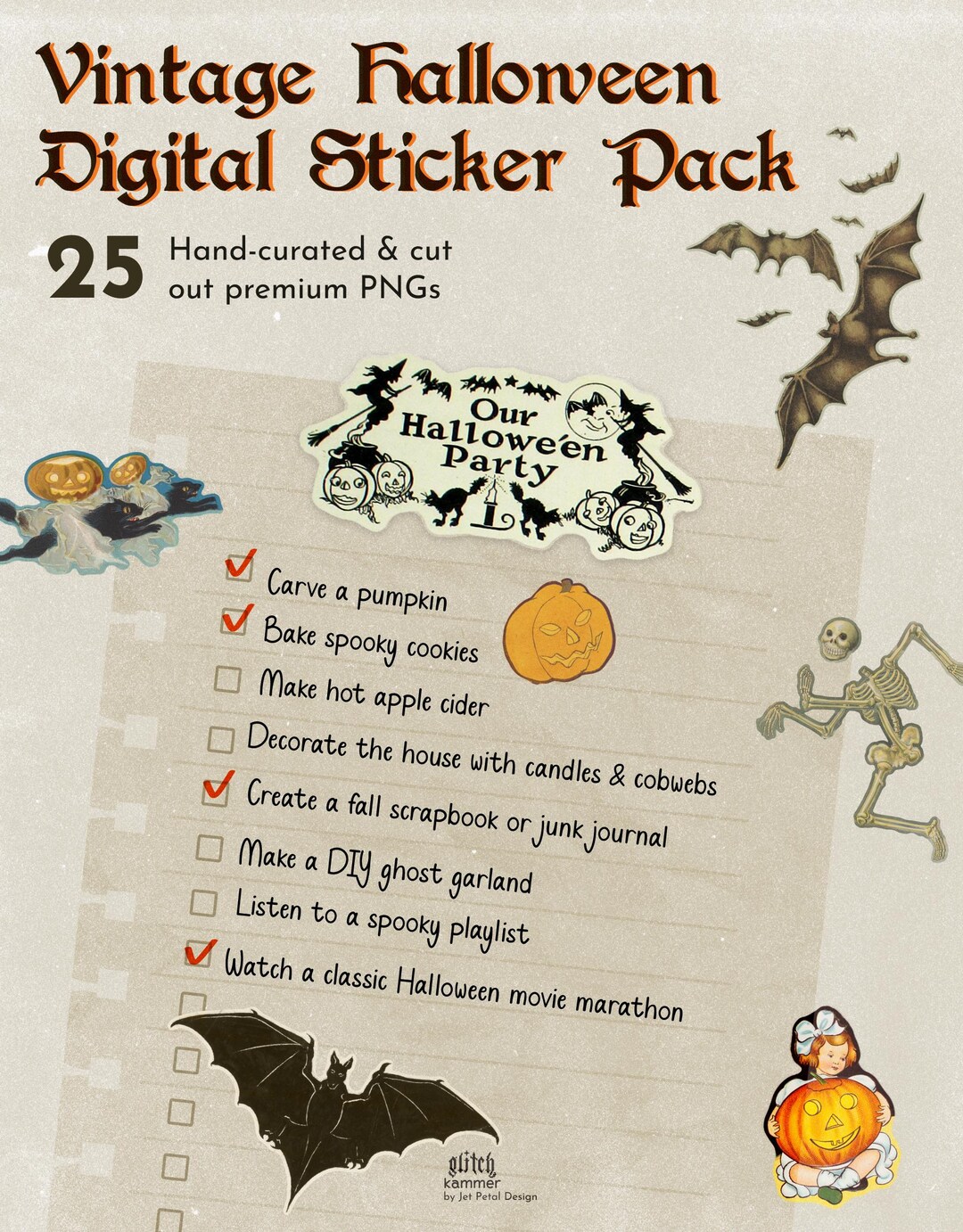 Vintage Halloween Digital Sticker Pack–25 Hand-curated PNG Stickers for ...