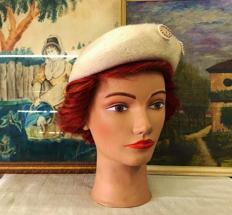 CREAM Color Mohair Beret, by MILBRAE EXCLUSIVES, Vintage off White Hat ...