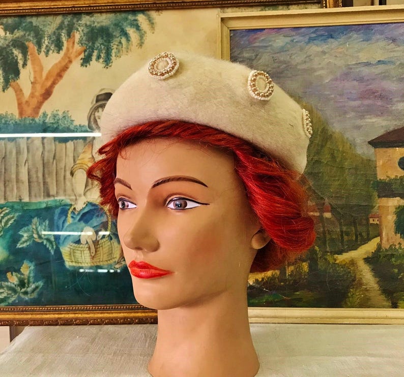 CREAM Color Mohair Beret, by MILBRAE EXCLUSIVES, Vintage off White Hat ...